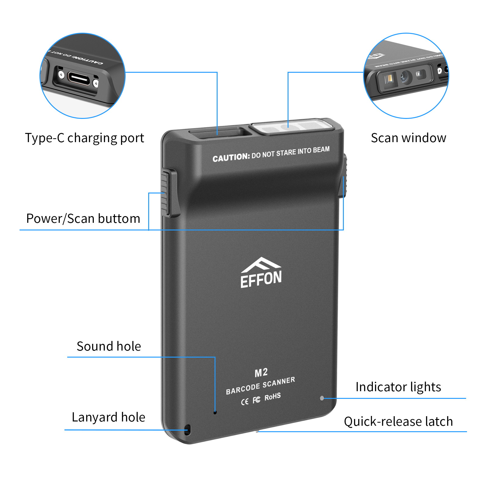 Bluetooth Barcode Scanner M2 Back-Clip 2D QR Reader